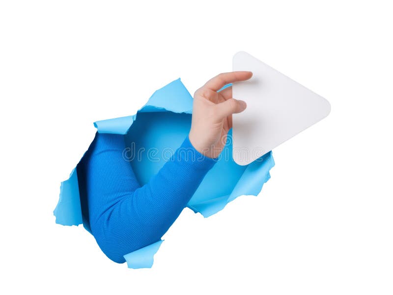 Hand Holding White Sign Breaking through Blue Paper Hole Stock ...