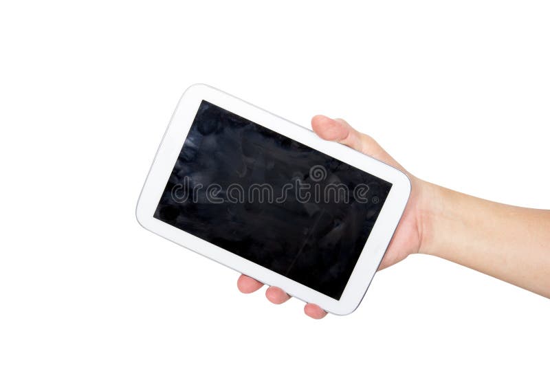 Hand Holding White Tablet Computer with Fingerprint Dirty Screen Stock ...