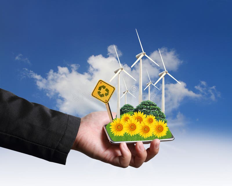 Hand Holding with Wind Turbines Farm Eco Concept Stock Photo - Image of ...