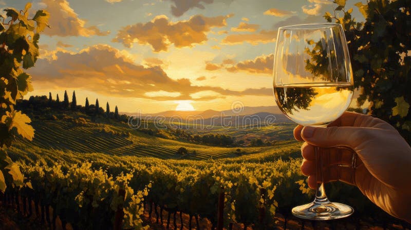 Hand Holding Wine Glass at Vineyard Sunset Stock Illustration ...