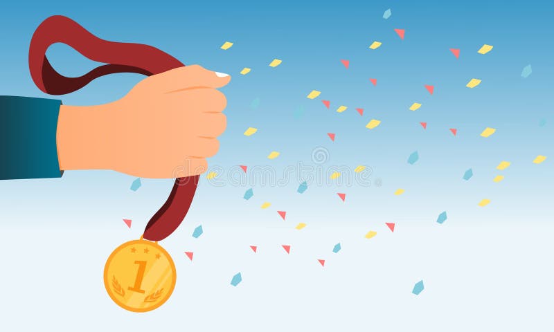 Hand Holding a Winners Medal with Confetti Stock Vector - Illustration ...