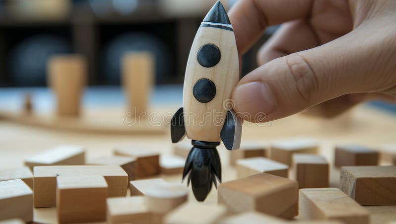 Hand Holding Wooden Toy Rocket Above Scattered Blocks Stock ...