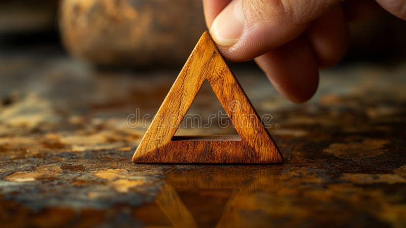 Hand Holding a Wooden Triangular Shape Against a Rustic Background ...