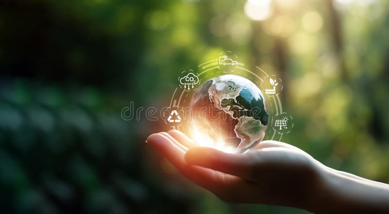Hand Holding World with CO2 Reducing ,Recycle ,green Factory Icon on Nature Stock Illustration ...