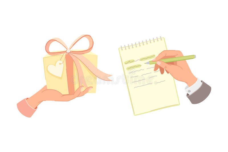 Hand Holding Wrapped Gift Box and Writing in Notepad Vector Set Stock ...