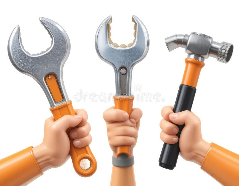 Hand Holding Wrench and Hammer Tools Cartoon Style on White Background ...