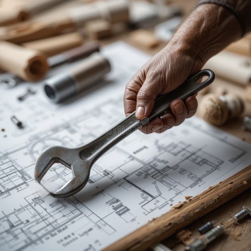 Hand Holding a Wrench Over a Technical Drawing. Suitable for ...