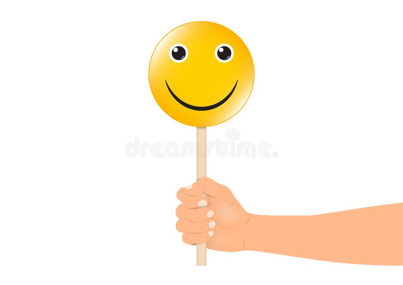 Hand Holding Yellow Smiling Face Sign on Stick Vector Illustration ...