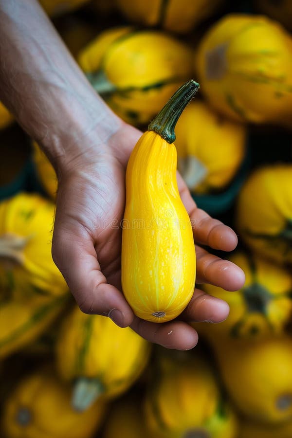 Hand Holding Yellow Squash with Blurred Squash Selection Background ...