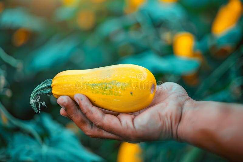 Hand Holding Yellow Squash with Blurred Squash Selection Background ...