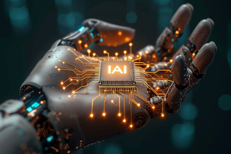Hand Holds AI Logo on Microchip Hologram, 3D AI Humanoid Stock ...