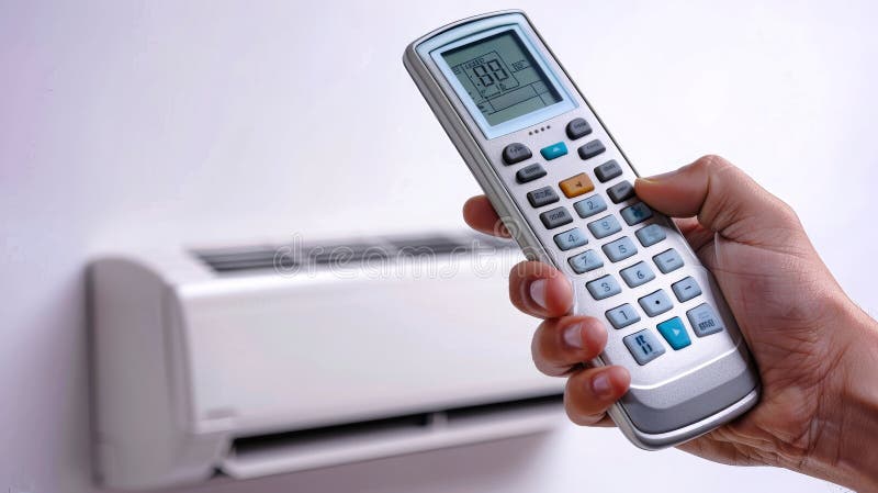 A Hand Holds an Air Conditioner Remote Control with a Digital Display ...