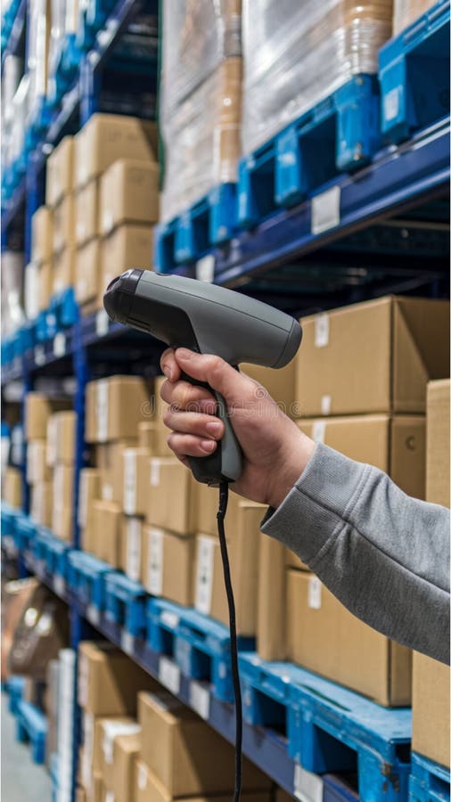 Hand Holds Barcode Scanner in a Warehouse with Stacked Cardboard Boxes ...