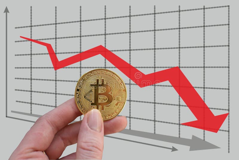 Hand Holds Bitcoin on Background of Falling Graph with Red Arrow ...