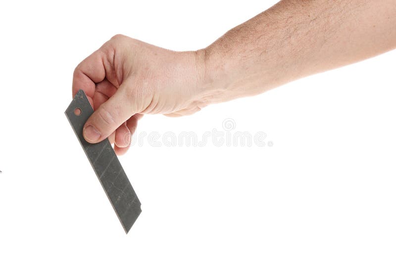 Hand Holds a Blade for a Construction Knife on a White Background Stock ...