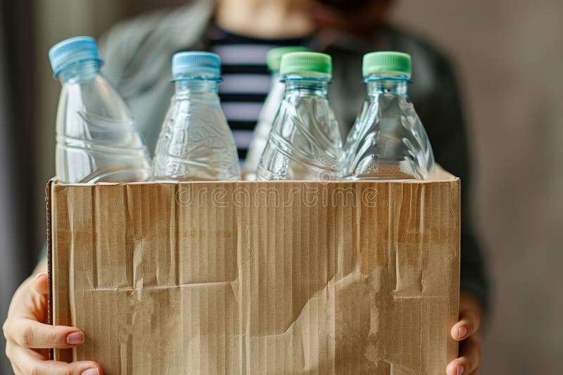 Hand Holds Brown Recycle Box with Plastic Bottles. Generative AI Stock ...