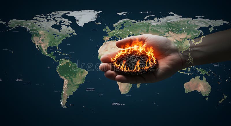 World Map with Burning Debris in Hand Stock Illustration - Illustration ...