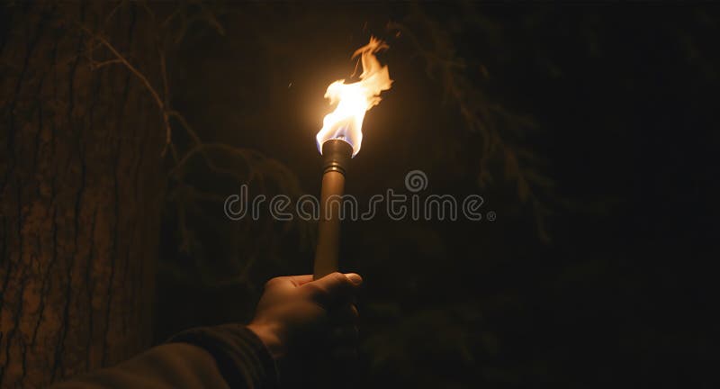 Hand Holds a Burning Torch Illuminating the Darkness in the Forest ...