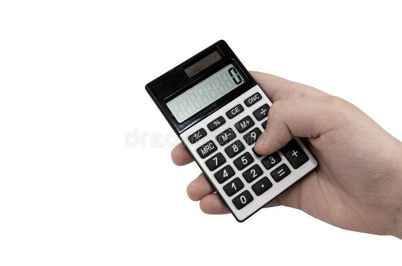 A Hand Holds a Calculator on a White Background. Mathematics. Business ...
