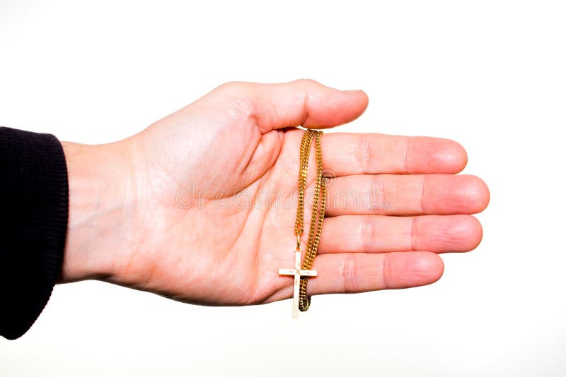 Hand Holds a Chain with Gold Crucifix Stock Image - Image of isolated ...