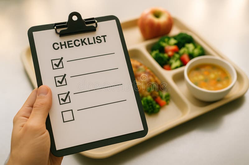 Hand Holding a Clipboard Checklist Over a Balanced School Lunch Tray ...