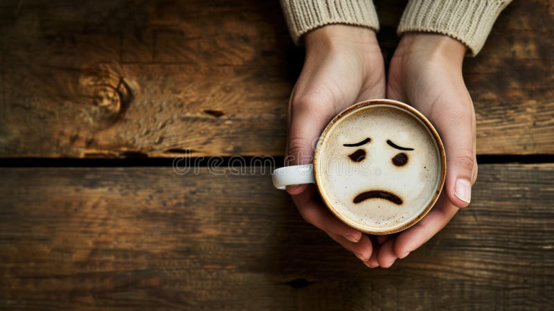 A Hand Holds a Coffee Mug with a Sad Face Drawn in the Foam Stock ...