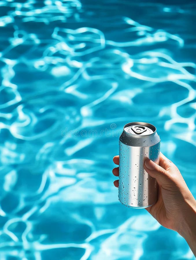 A Hand Holds a Cold Silver Beverage Can by a Refreshing Blue Pool ...