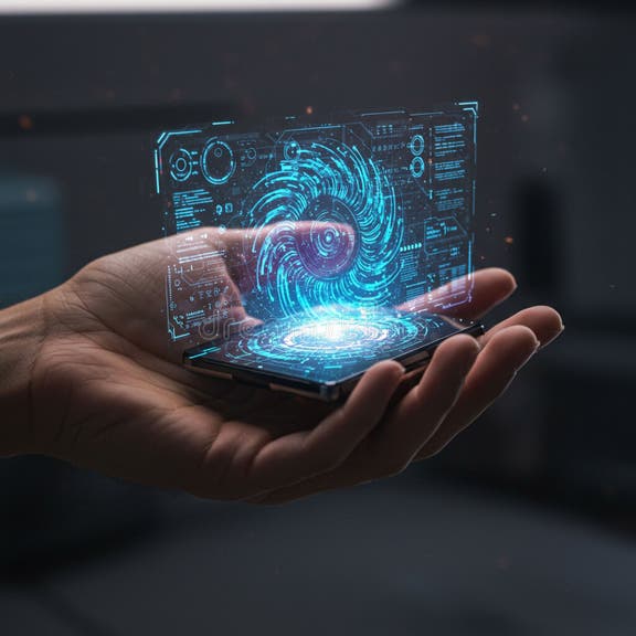 A Hand Holds a Device Projecting a Blue Holographic Interface with ...