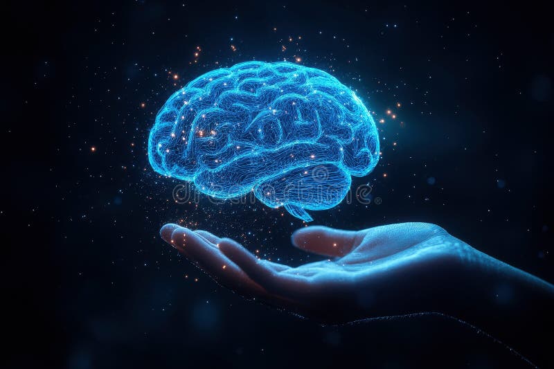 A Hand Holds a Digital Holographic Brain, Representing the Tangible ...