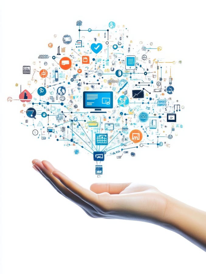 A Hand Holds a Digital Network of Icons Representing Technology ...