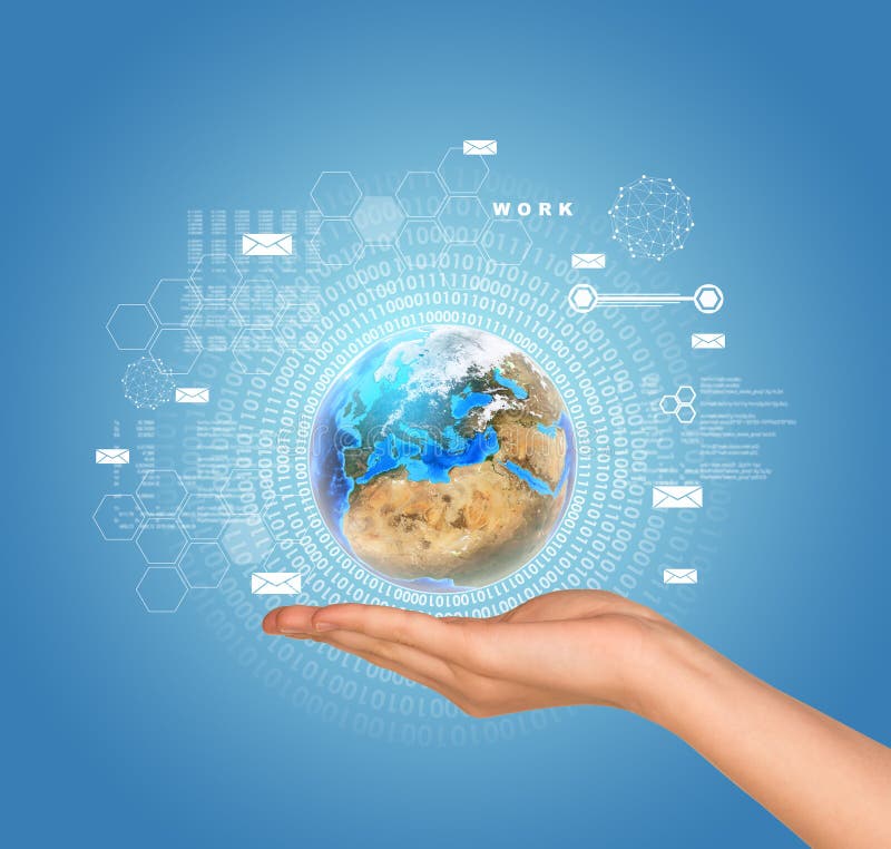 Hand Holds Earth with Figures and Envelopes Stock Image - Image of ...