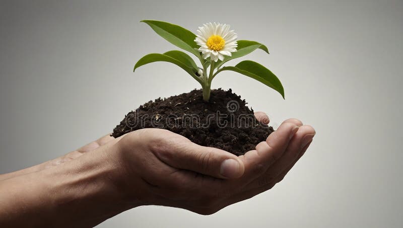 A Hand Holds the Earth and Flowers, Spring, New Beginning Stock ...