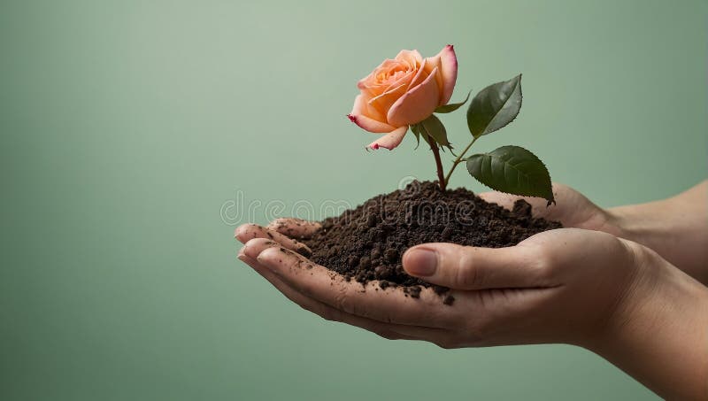 A Hand Holds the Earth and Flowers, Spring, New Beginning Stock ...