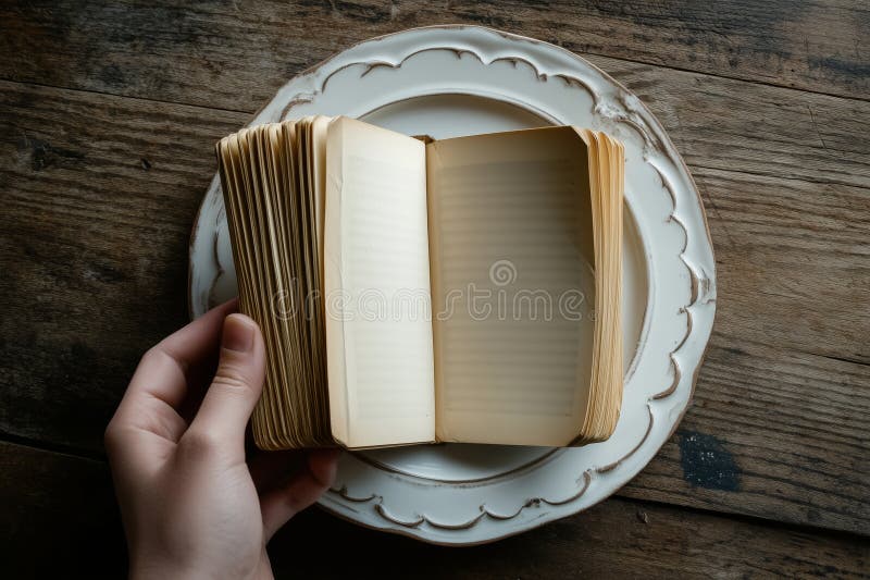A Hand Holds an Empty Notebook Resting on a Rustic Plate Atop a Wooden ...