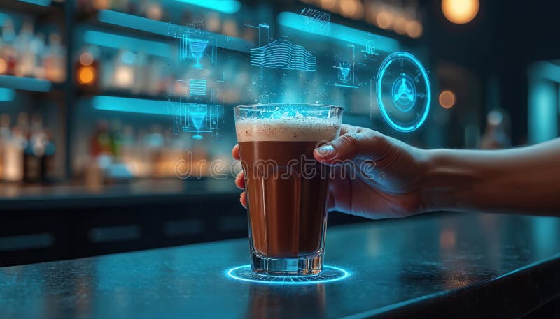 Hand Holds Foamy Chocolate Drink at Sleek Bar Counter. Blue Holographic AI Display Projects ...