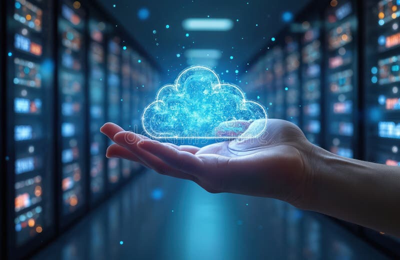 Hand Holds Futuristic Cloud Computing Symbol. Big Data Transfer on ...