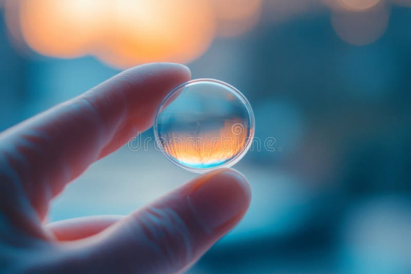 A Hand Holds a Glass Lens Reflecting a Beautiful Sunset. the Focus is ...