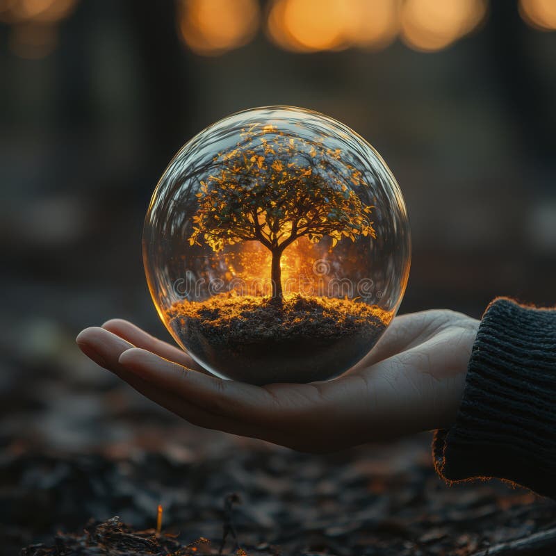 A Hand Holds a Glass Sphere with a Tree on a Forest Background, an ...