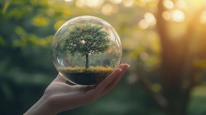 A Hand Holds a Glass Sphere with a Tree on a Forest Background, an ...