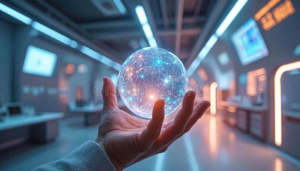 Hand Holds Glowing Digital Sphere, AI, Tech in Futuristic Laboratory ...
