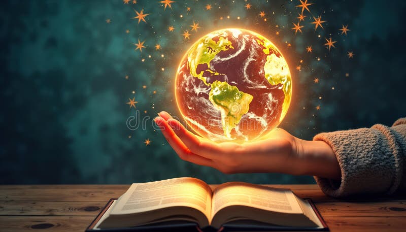 Globe and Open Book on Blue Sky Background Stock Illustration ...
