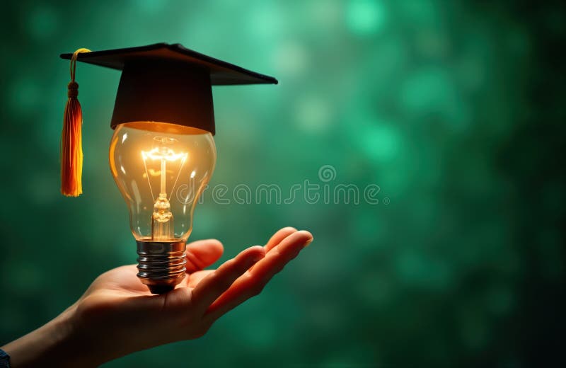 Hand Holds Glowing Light Bulb with Graduation Cap. Education Concept ...