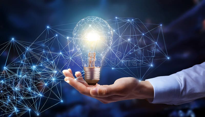 Hand Holds a Glowing Light Bulb with Interconnected Nodes and Lines ...