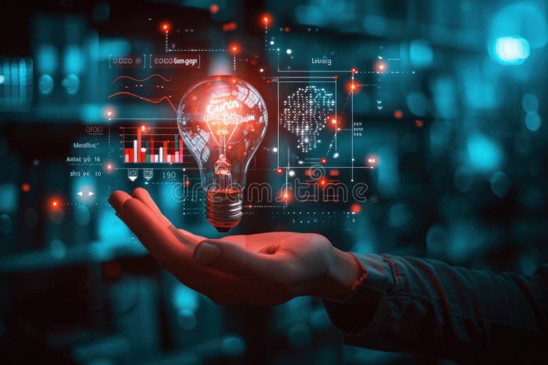 A Hand Holds a Glowing Lightbulb Against a Backdrop of Colorful Data ...