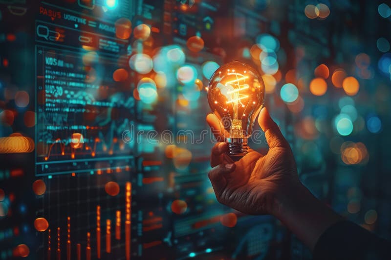 A Hand Holds a Glowing Lightbulb Against a Backdrop of Colorful Data ...