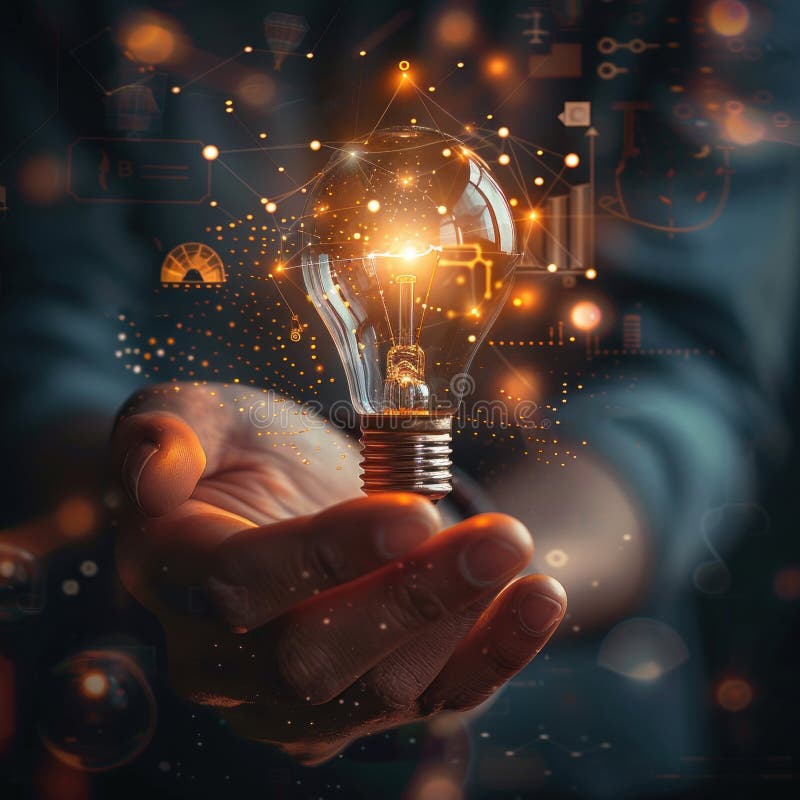 A Hand Holds a Glowing Lightbulb Against a Backdrop of Colorful Data ...