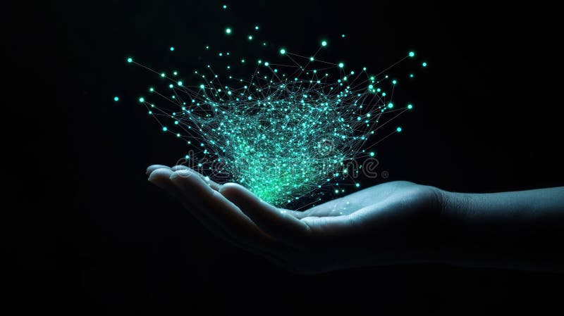 Hand Holds Glowing Network Data. Tech Progress, Digital Innovation in ...