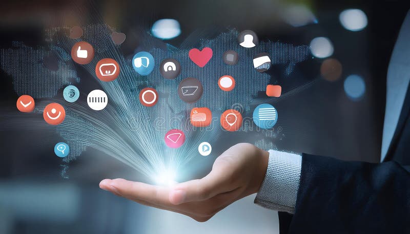 A Hand Holds Glowing Social Media Icons Over a Digital World Map Stock ... A Hand Holds Glowing Social Media Icons Over a Digital World Map Stock ...