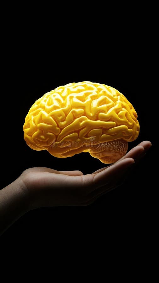 A Hand Holds a Glowing Yellow Brain Model Against a Dark Background, AI ...