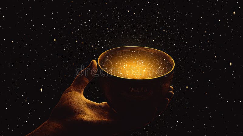 Hand Holds Golden Cosmic Cup in Starry Night Sky Stock Illustration ...